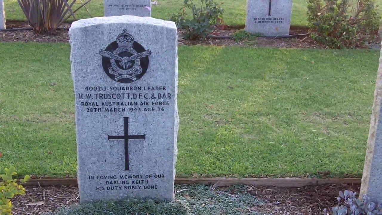 Headstone for "Bluey" Truscott - Perth War Cemetery - YouTube