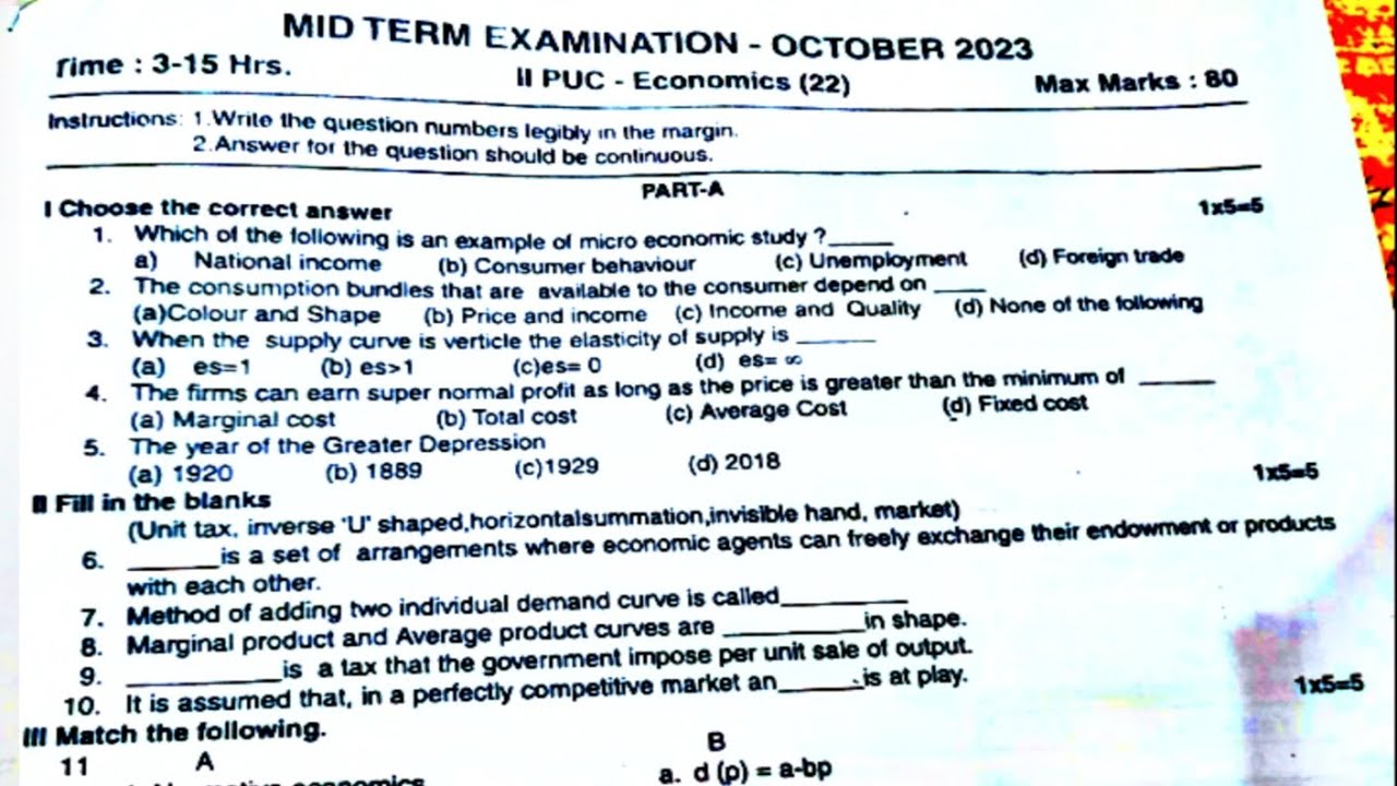 2ND PUC ECONOMICS MIDTERM EXAM QUESTION PAPER 2023 - YouTube