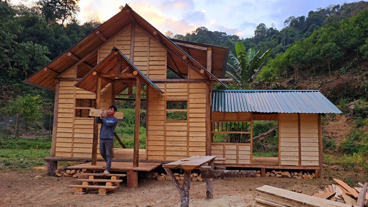 Solo Building A Big Log Cabin In The Woods: Building Log Walls With Dog ...