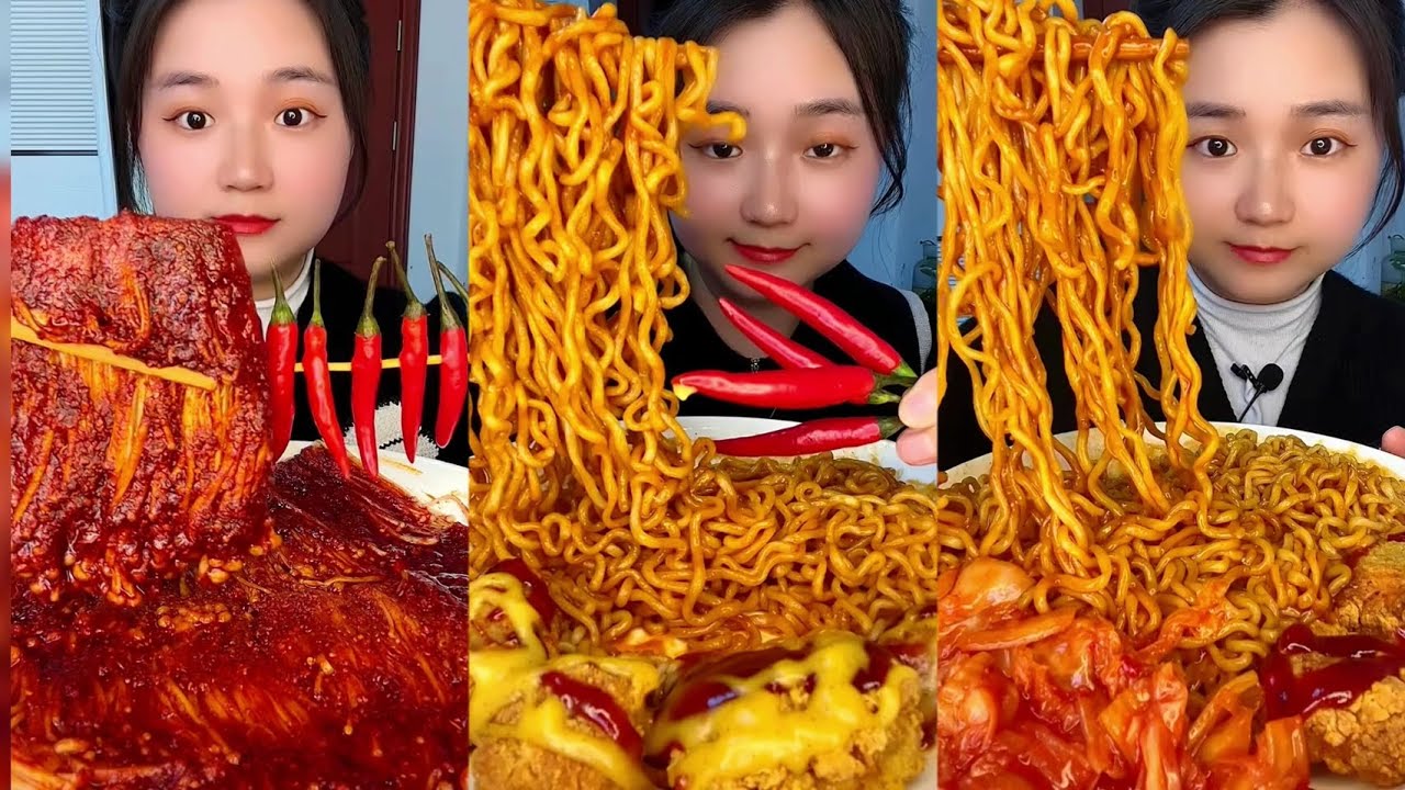 ASMR MUKBANG. Eating Noodles Chilli Spicy. With Enoki Mushroom Flavor Spicy. Eating Challenge ...