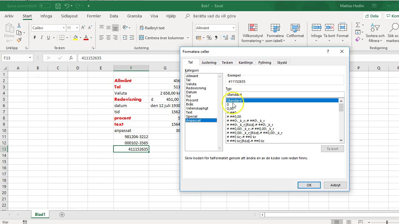 Talformat i excel - YouTube