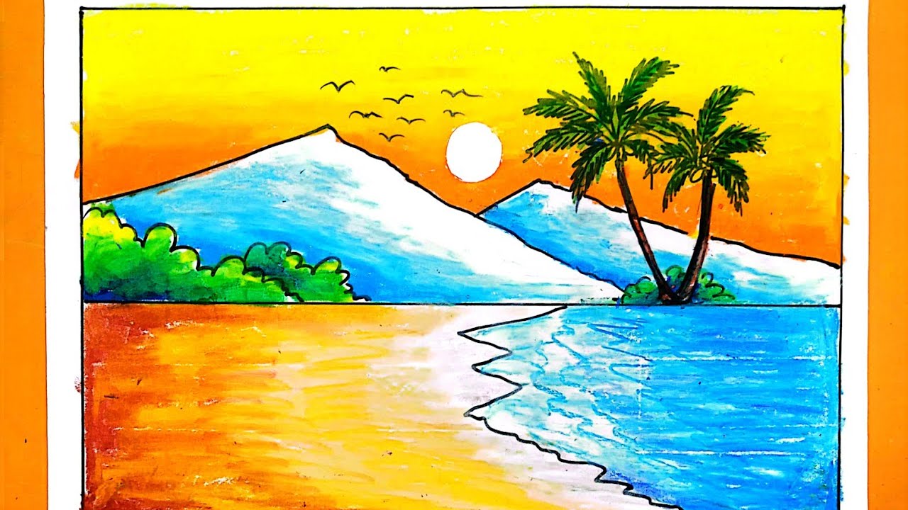 How to Draw Beautiful Sunset in the Beach //Easy sunset Scenery drawing ...