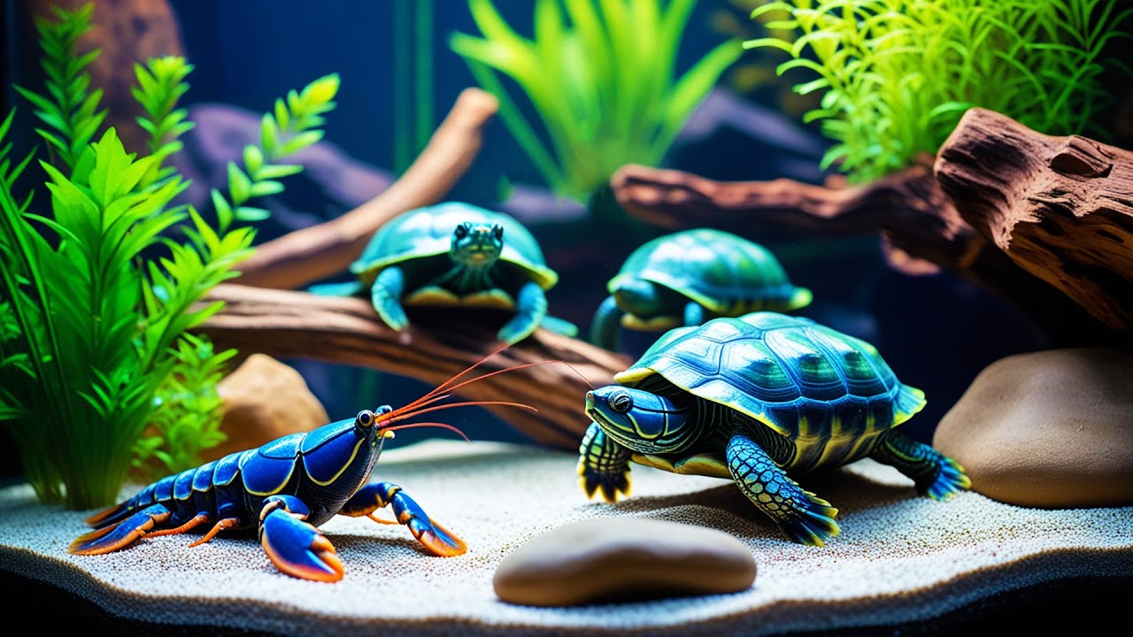 Relaxing aquarium with turtles, blue crayfish and Asian mudskipper ...