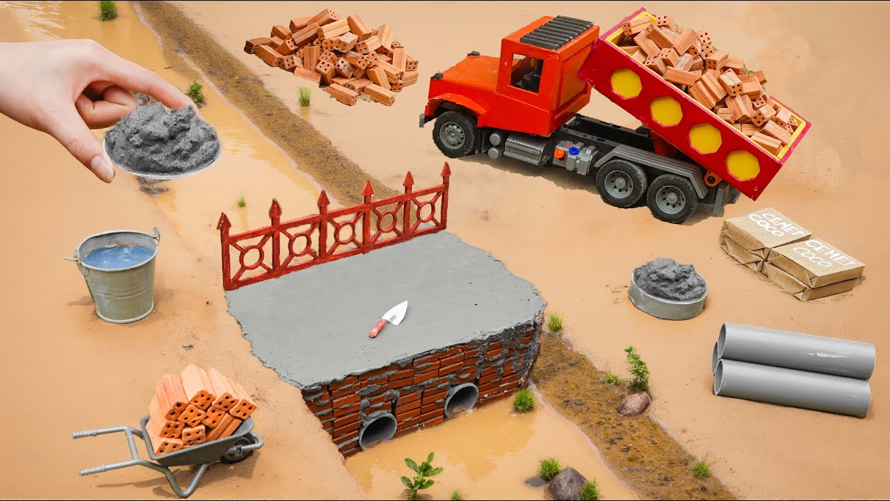 Diy mini truck making bricks and home pipe bridge construction science ...
