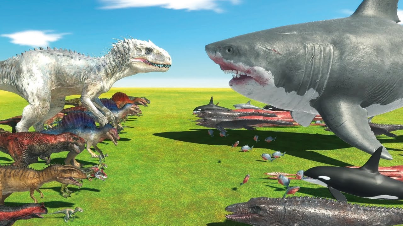 INDOMINUS REX VS MEGALODON - DINOSAUR FISH WAR - ARBS MODS - Animal ...