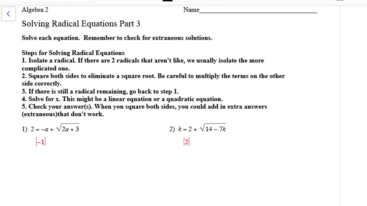 Algebra 2 Solving Radical Equations Part 3 (questions 2 and 4) - YouTube