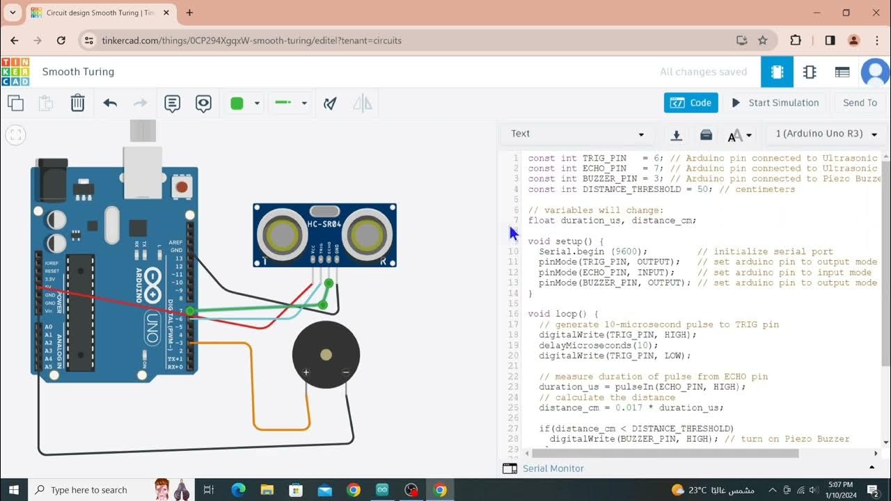 Ultrasonic Sensor Piezo Buzzer With Arduino In Tinkercad Circuit Code Arduino