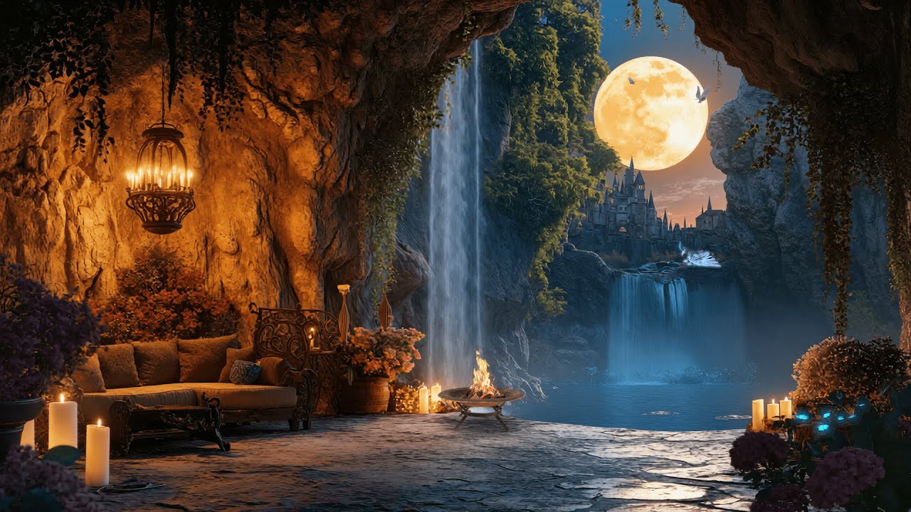 Cozy Waterfall Cave Ambience with Fire, Water & Owls, White Noise - YouTube