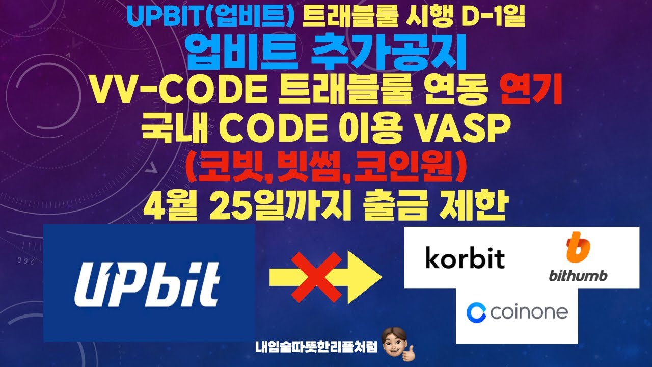 VV-CODE 트래블룰 연동 연기!! 국내 CODE 이용 VASP(코빗,빗썸,코인원) 4월 25일까지 출금 제한 - YouTube