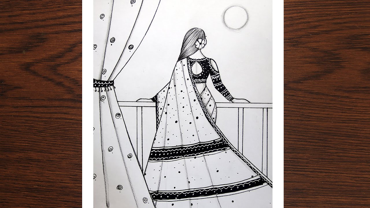 How to draw a traditional Girl with saree Backside || Pencil sketch for ...