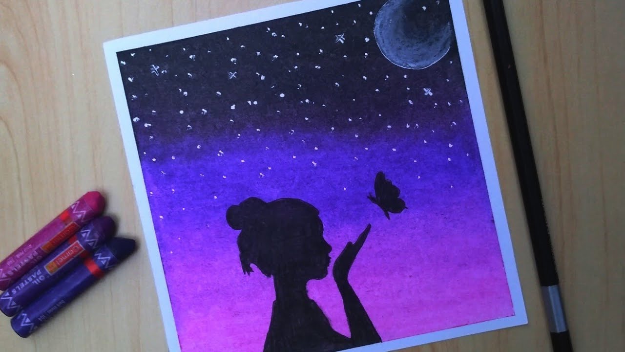 How to draw a girl with butterfly in moonlight with oil pastels ...