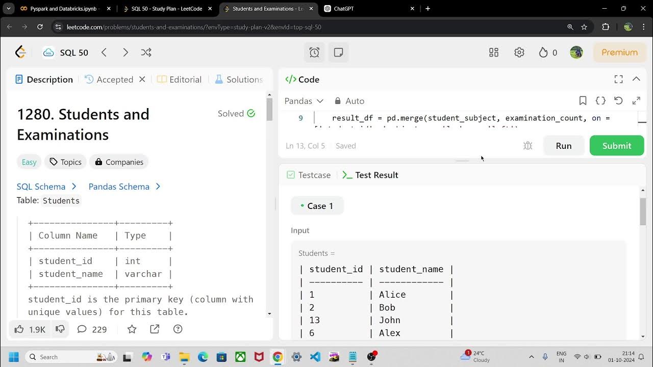 Leetcode Students and Examinations SQL and Pandas | Problem 12 |@datatechinfo - YouTube