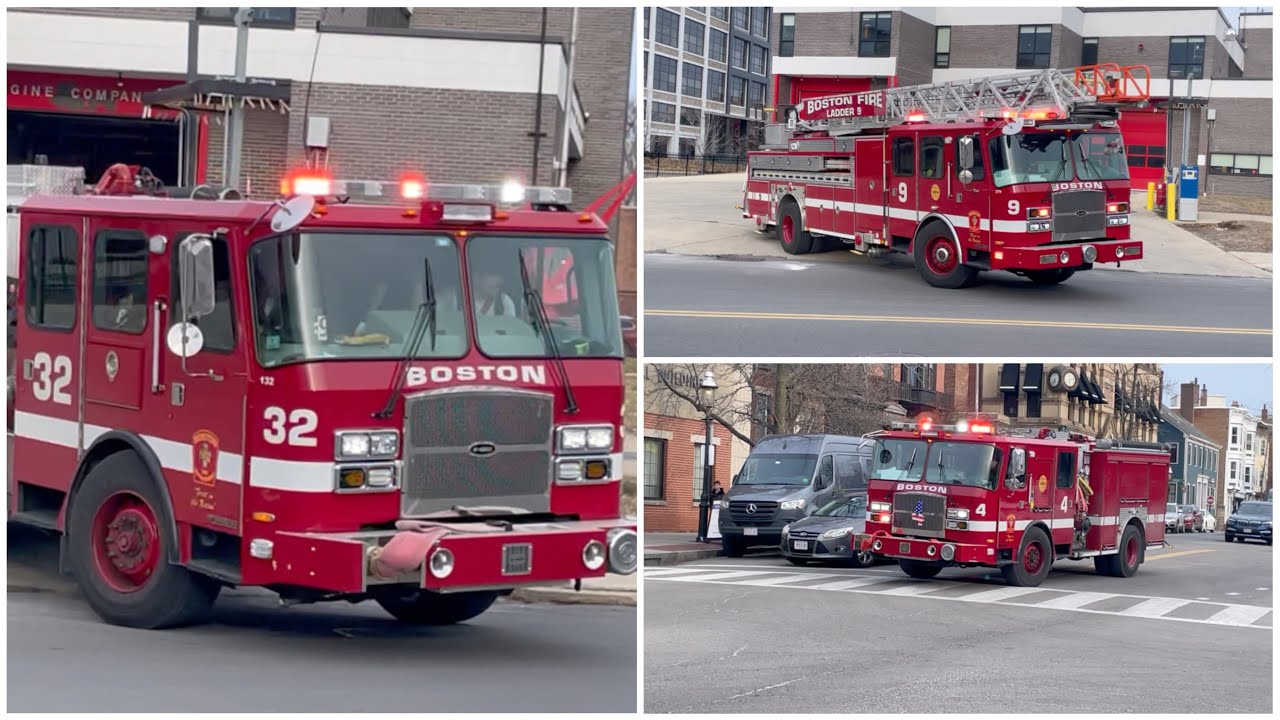 Boston Engine 32, Ladder 9 and Engine 4 responding to a struck box ...