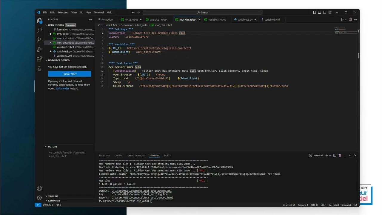 Comprendre les mots clés Open browser, click element, input text, sleep avec Robotframework ...