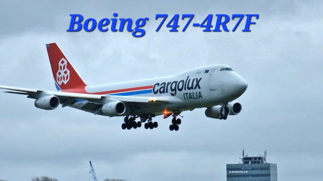 Cargolux Boeing 747-4R7F landing in heavy wind at Amsterdam Schiphol ...