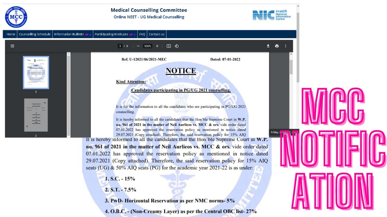 NEET UG & PG Counselling 2021|MCC Notification - YouTube