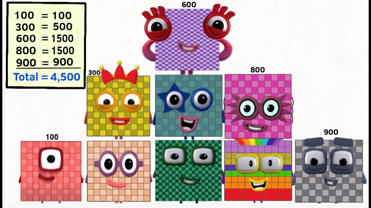 Numberblocks combine become values 100 to 900 and total plus value is ...