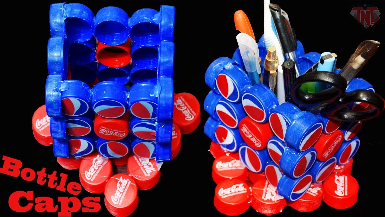 How To Make Pen Holder From Plastic Bottle Caps || DIY Desk Organizer ...