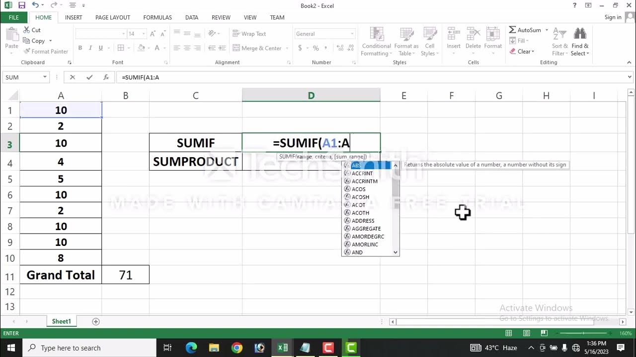 SUMIF and SUMPRODUCT Example - YouTube