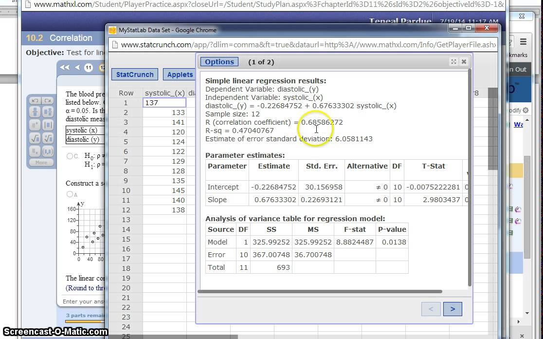 regression mystatlab example - YouTube
