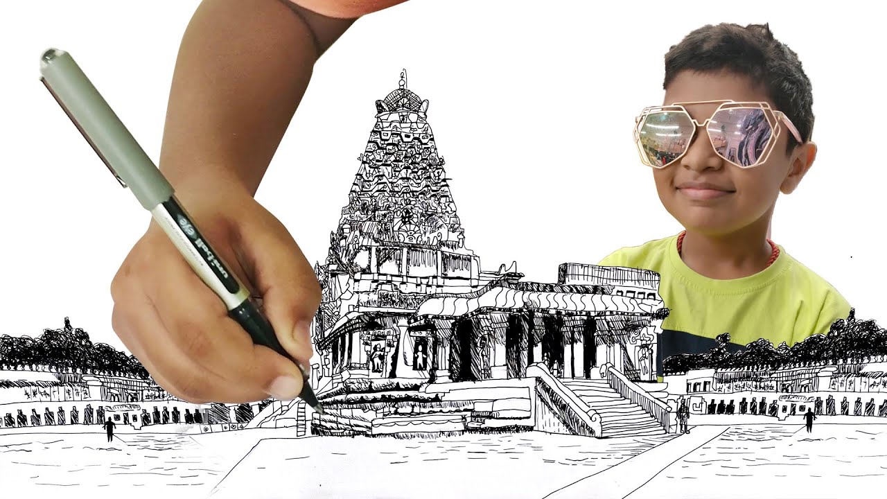 Thanjavur Big Temple | Pen Drawing | Uni Ball eye Pen | Tamil Temple ...