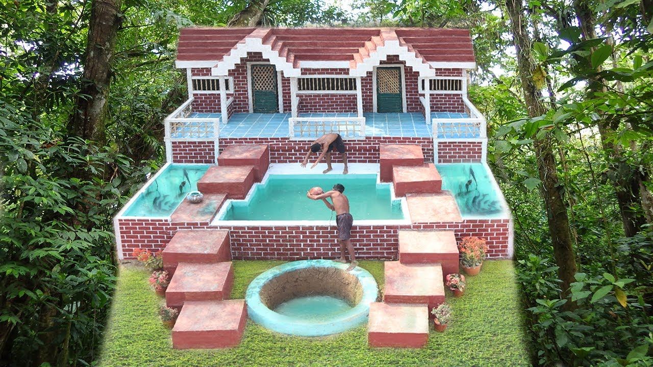 Building A Modern Mud Villa, Two Mini Fish Pond, Big Swimming Pool And ...