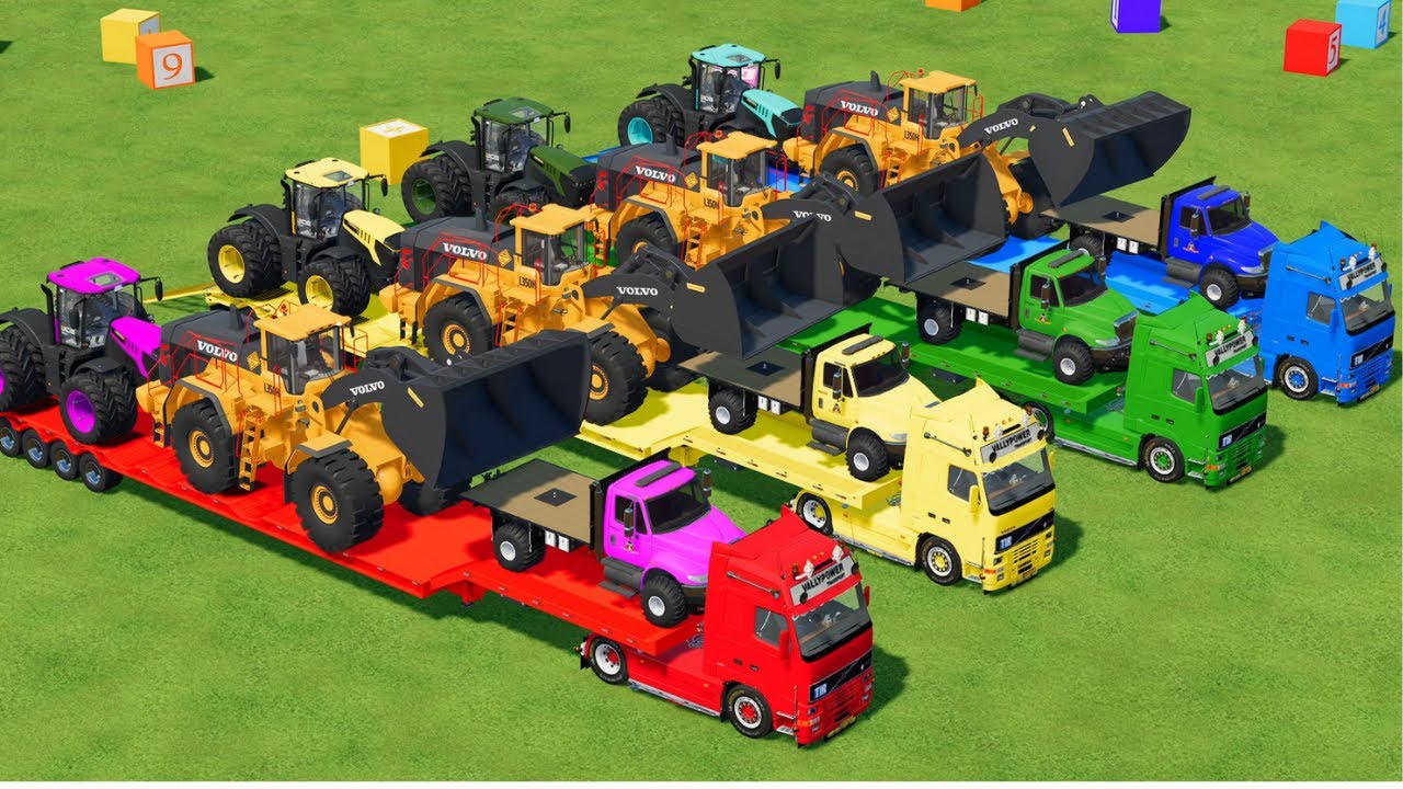 TRANSPORTING VOLVO L350H, JCB FASTRACK, TRUCK FLATBED WITH MAN TRUCK ...