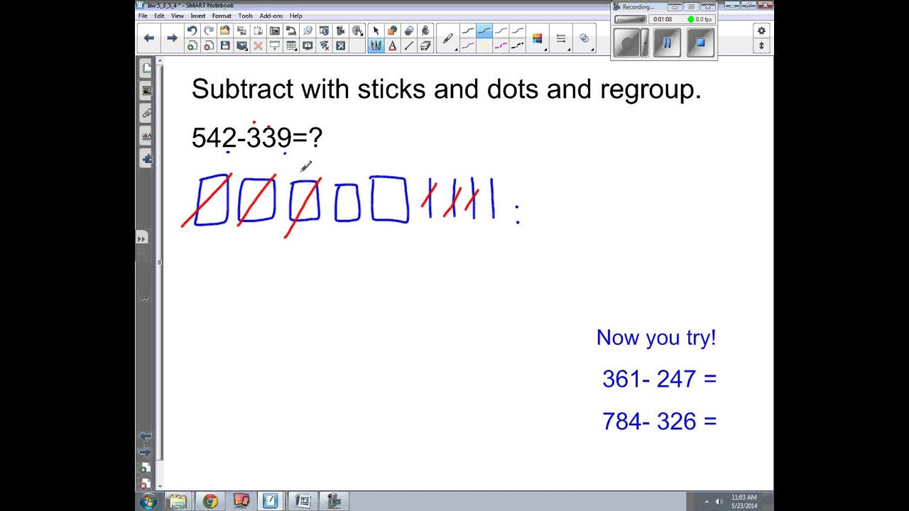 Subtract with sticks and dots regroup - YouTube