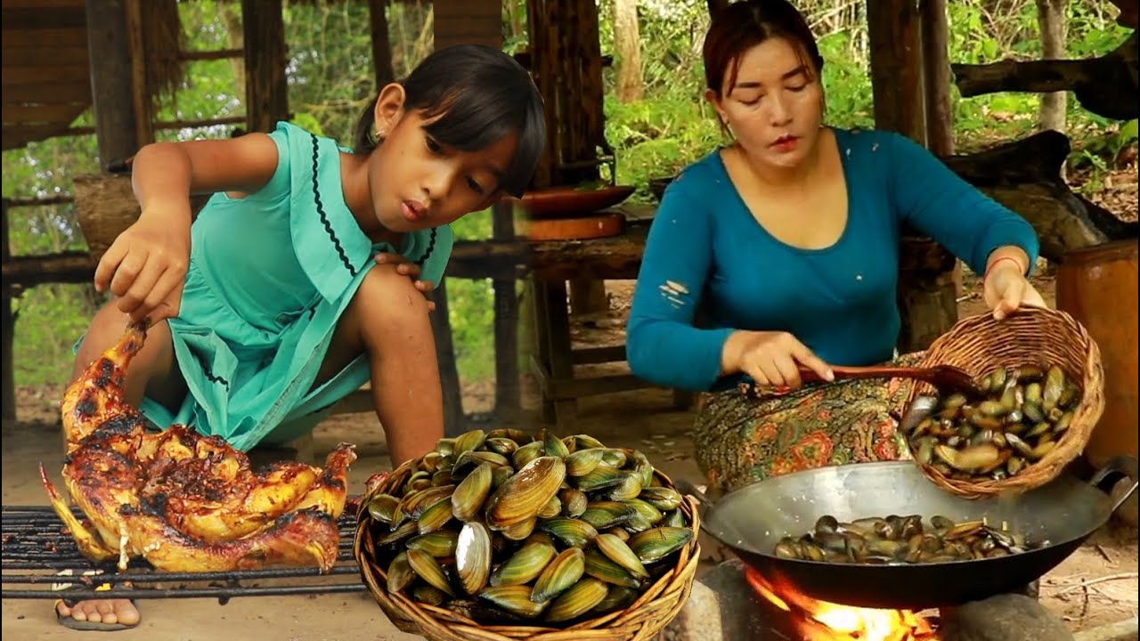 Mussel natural food recipe- mother cooking mussel with ginger & grill ...