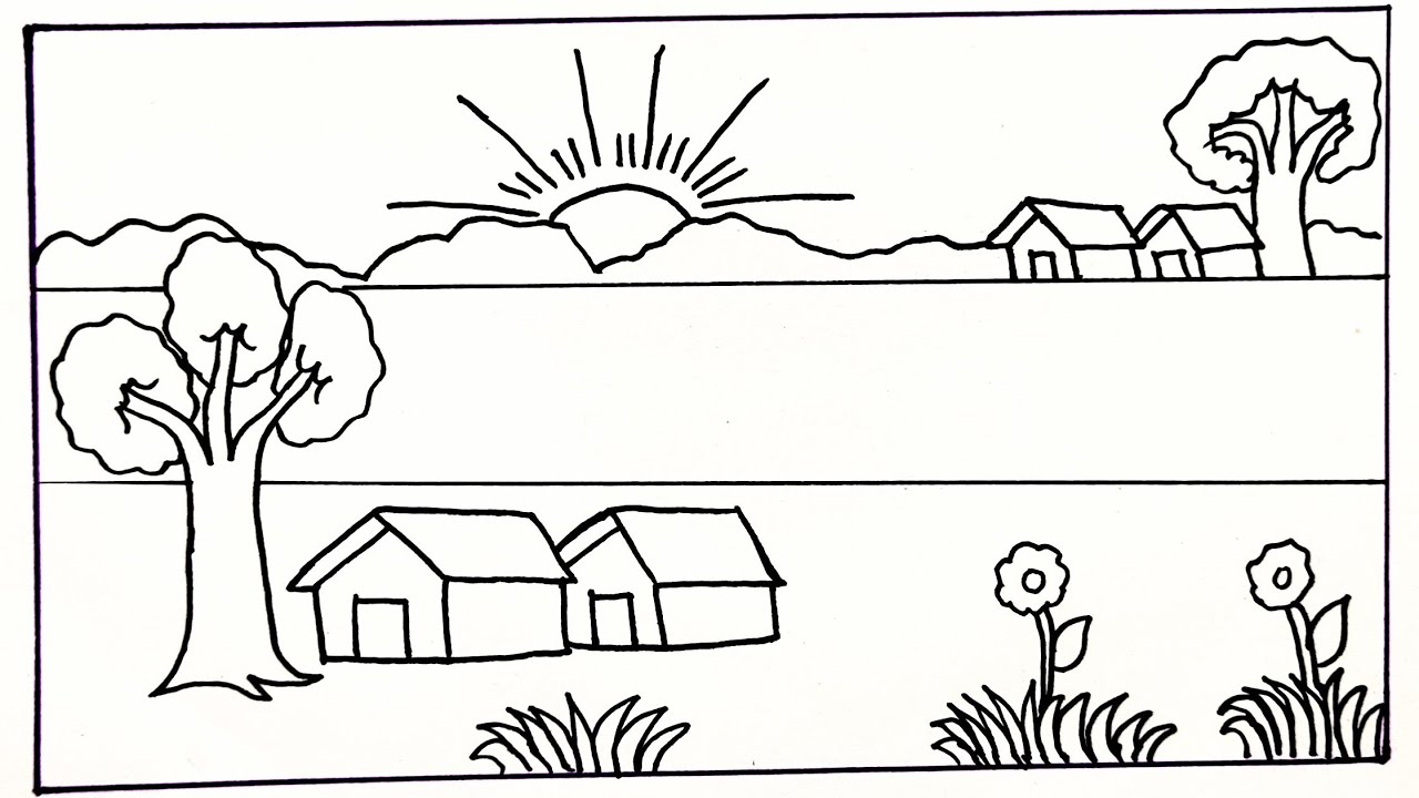 Scenery drawing easy // Simple scenery art // Scenery drawing with ...