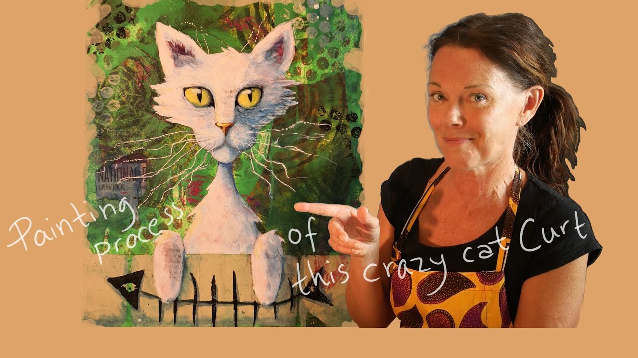 Painting Crazy Cat Curt mixed media/collage - YouTube