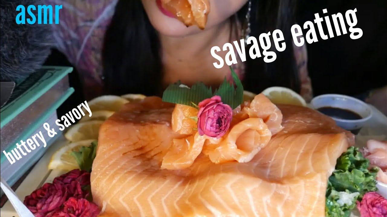 ASMR - SAVAGE EATING TOBIKO & SALMON SASHIMI/BUTTERY & SAVORY( EATING ...