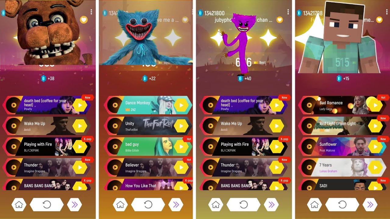 Fnaf Freddy - Huggy Wuggy - Kissy Missy - Steve MineCraft | Tiles Hop ...