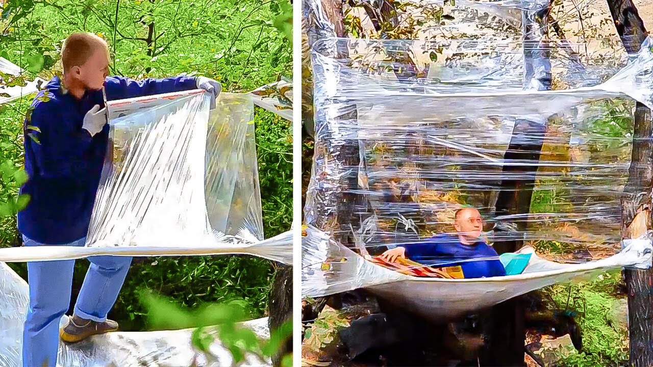 Awesome Bushcraft Tent Made From Plastic Wrap - YouTube