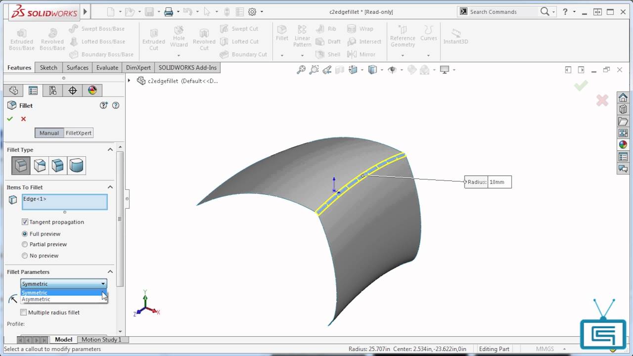 Curvature Continuous Edge Fillet - SolidWorks 2016 - YouTube
