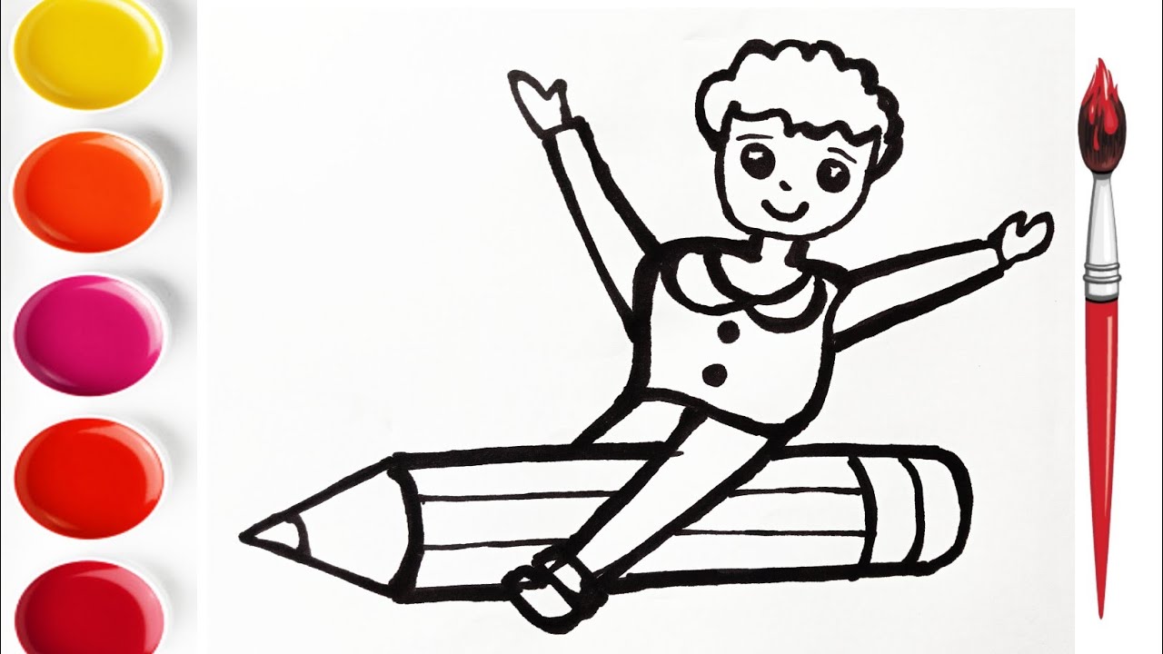 Boy riding a pencil ,drawing and painting| drawing for kids|easy boy ...
