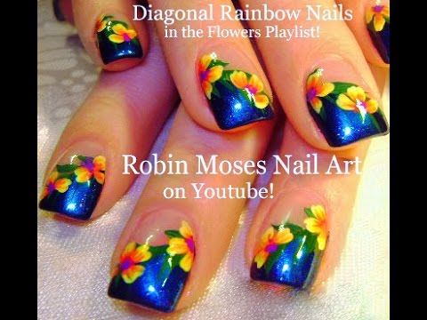 Easy Rainbow Flower Nails | Diagonal French Manicure Nail Art Design ...