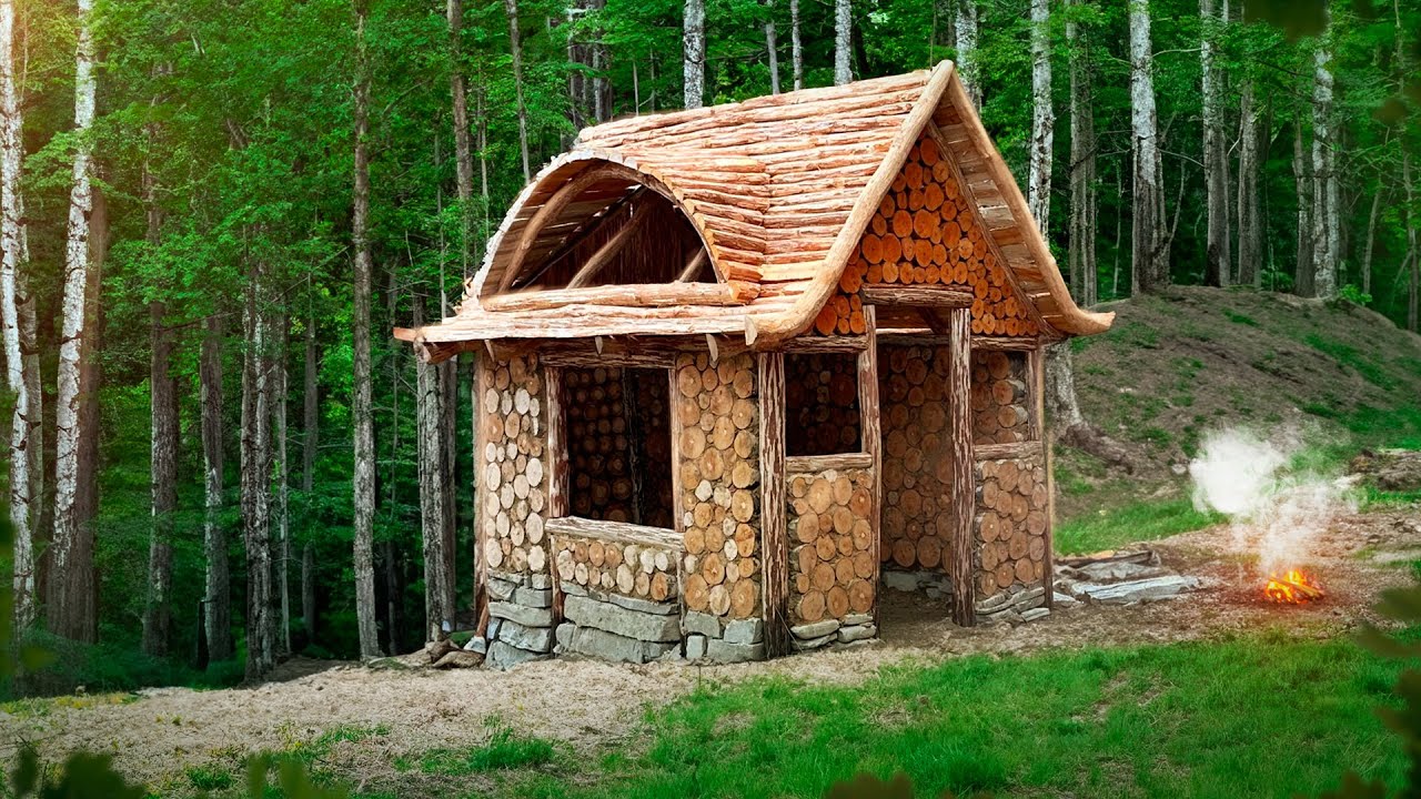 Do-it-yourself wooden house. Bushcraft construction in nature - YouTube