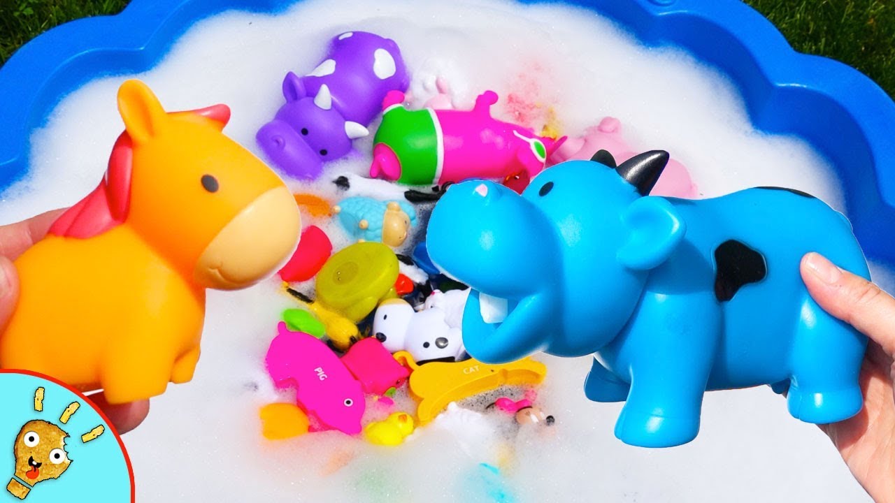 Learn FARM Animals in a Blue Shell Pool with Squishee Nugget - YouTube