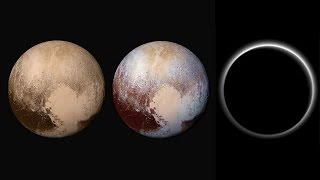 Pluto in natural-color, false-color and backlit by the Sun