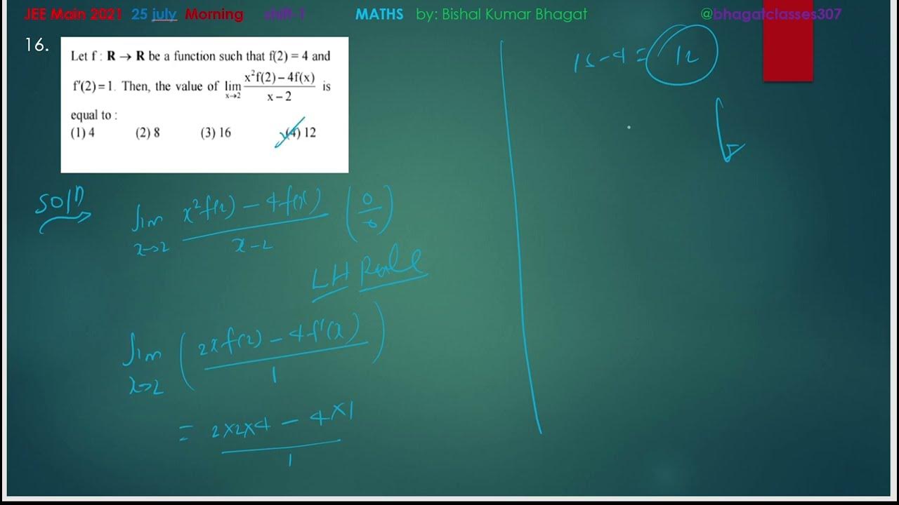 Let f:R→R be a function such that f(2)=4 and f′(2)=1. Then, the value of limx→2 x^2f(2)−4f(x)/x− ...
