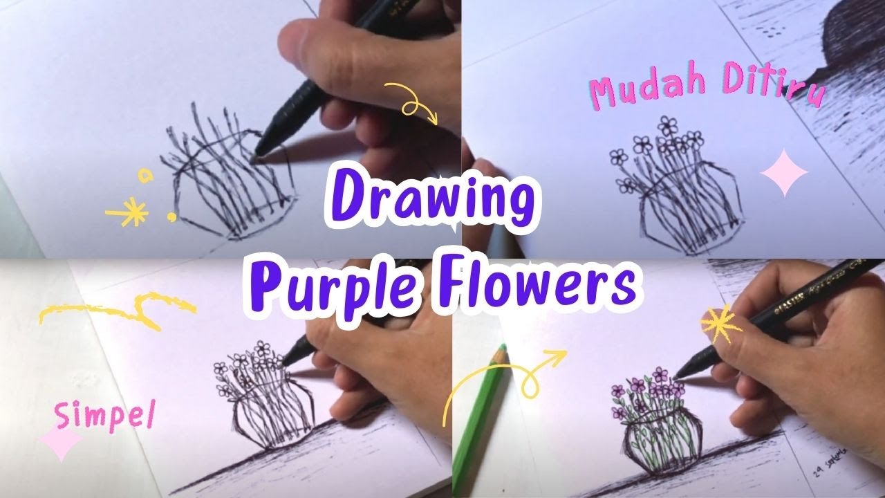 Menggambar Bunga di dalam Vas Simpel | Draw a Purple Flowers - YouTube