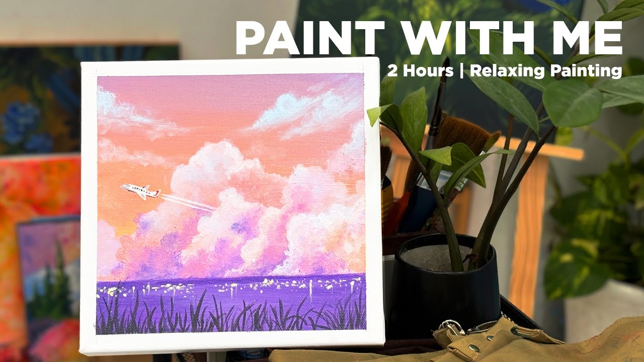 2-HOUR PAINT WITH ME | Flying Sunset Airplane | Acrylic Painting for ...