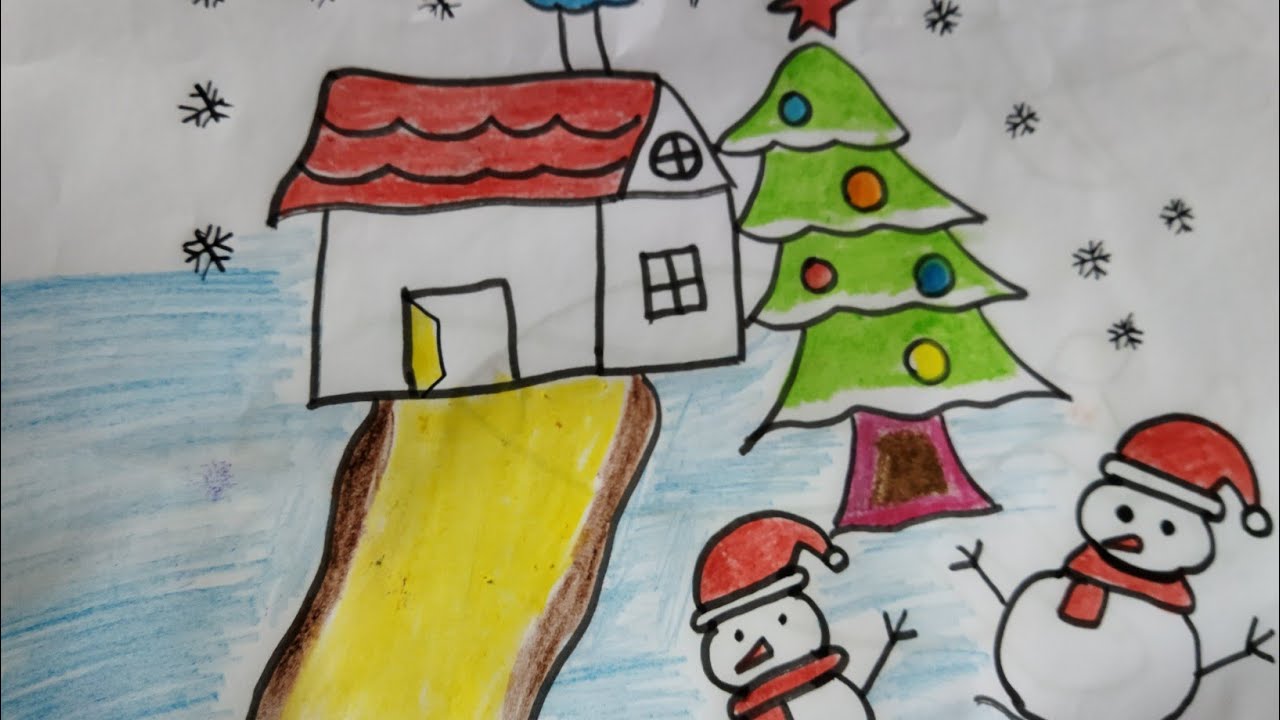 howtodraw winter season / Xmas tree drawing / snowman drawing / home ...