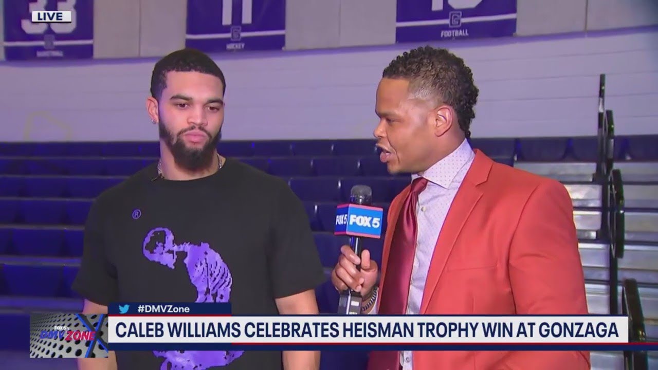 Caleb Williams celebrates Heisman Trophy at Gonzaga College High School ...
