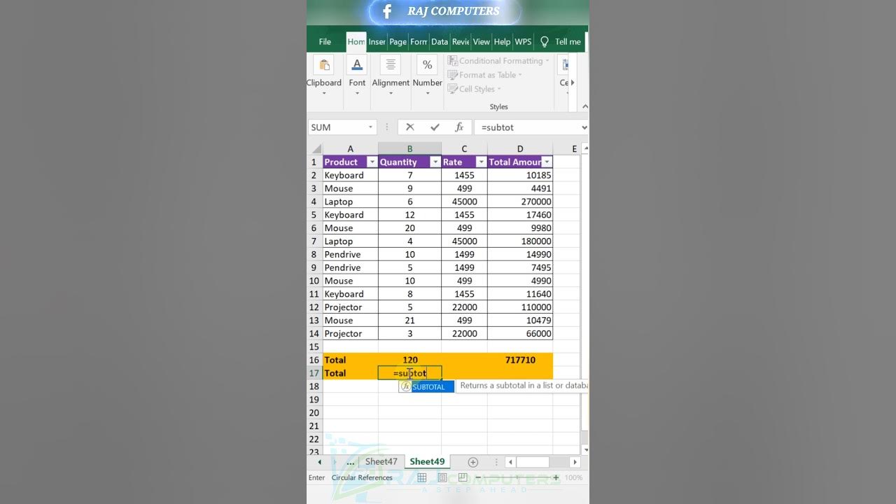 How to use Subtotal formula in excel|subtotal formula | Raj Computers | Raj sir #shorts # ...