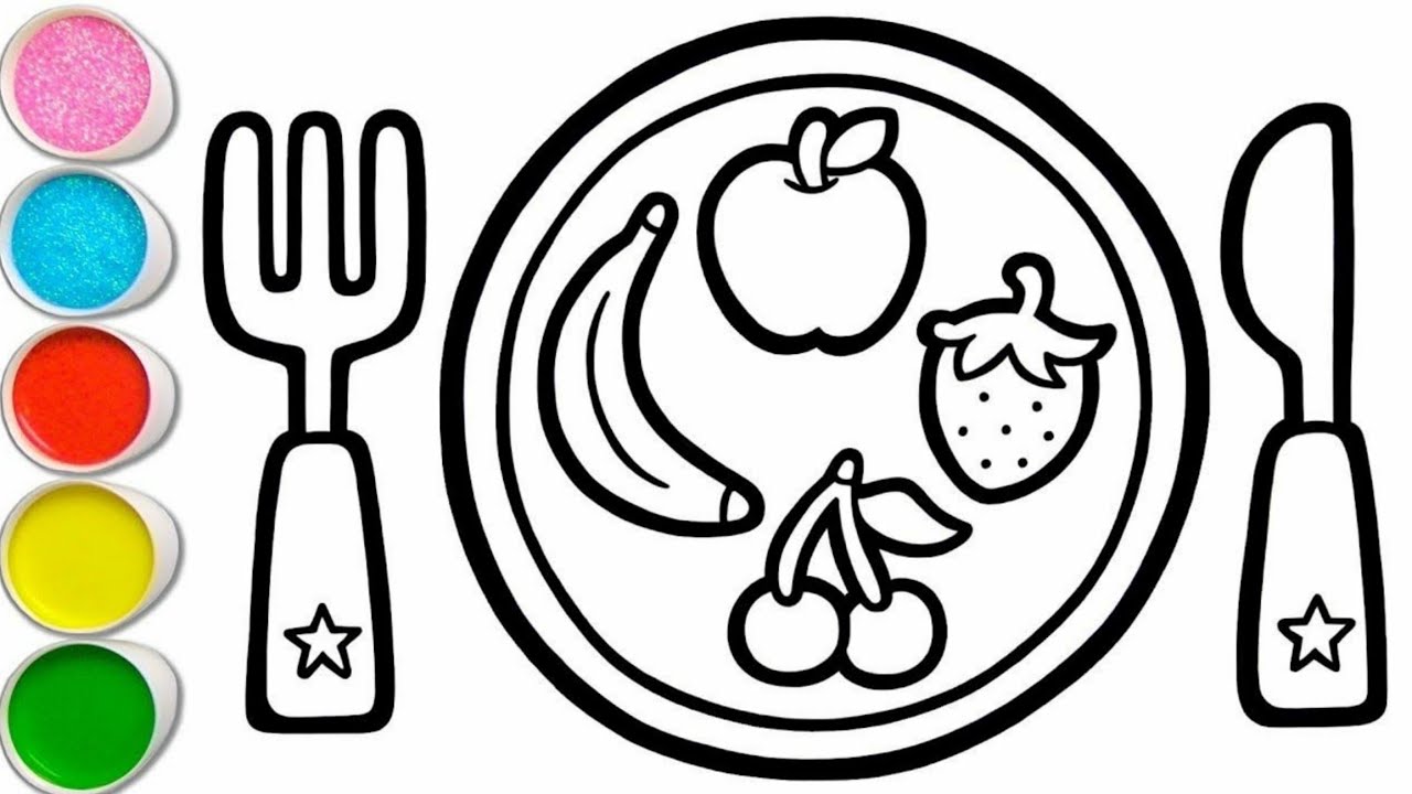 Dessiner et colorier une assiette de fruits. Banane. Fraise. cerise ...