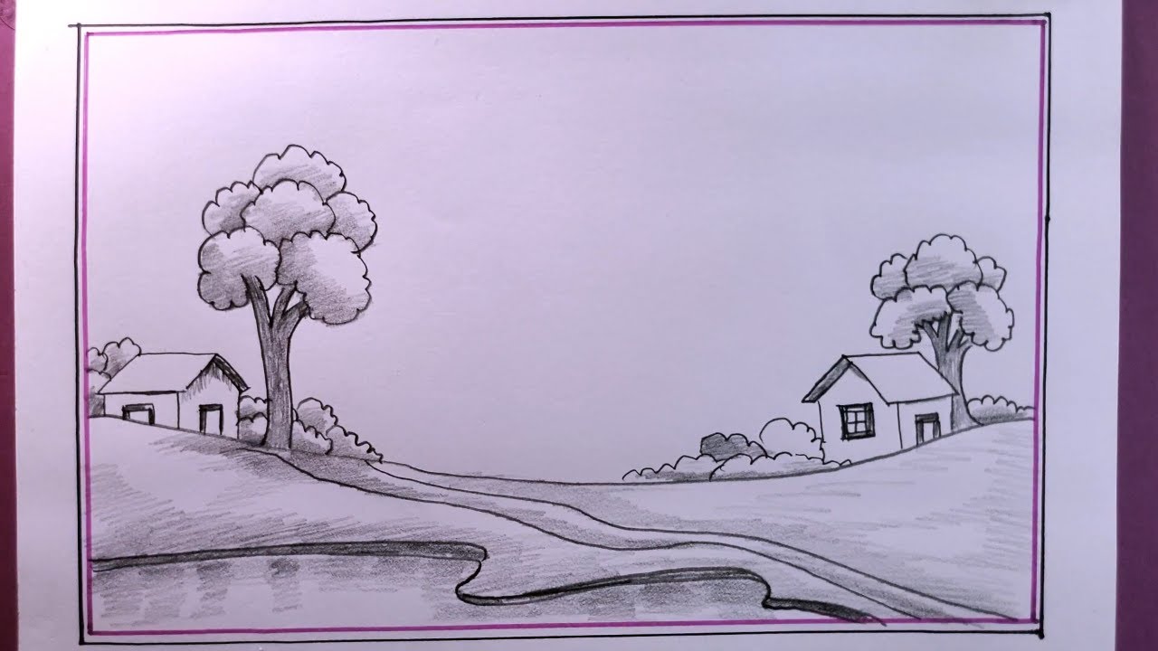 how to draw a scenery with house easy/house scenery drawing - YouTube