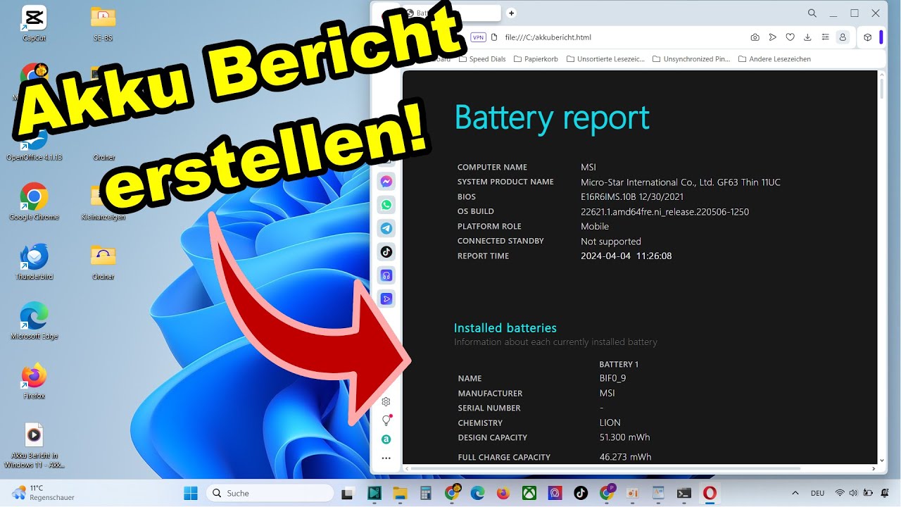 Akku Bericht in Windows 11 - Akkuzustand prüfen und anzeigen - YouTube