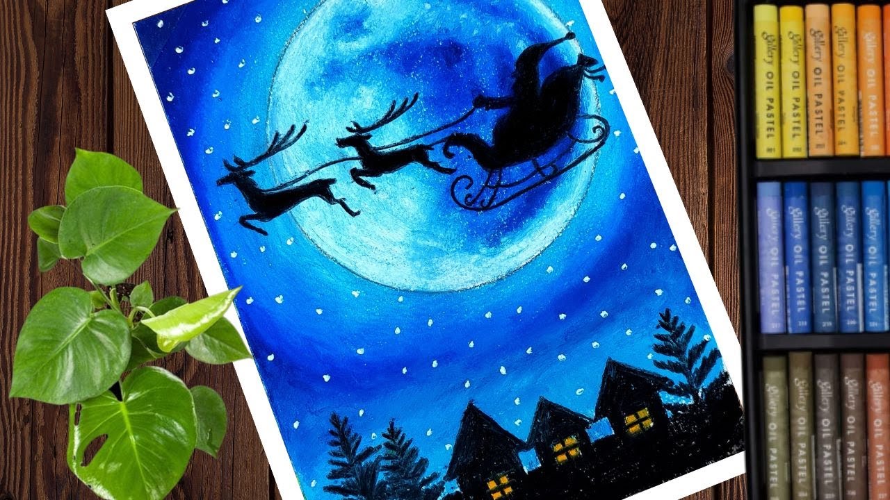 How to Draw Santa Claus on His Sleigh / Christmas Drawing with Oil ...